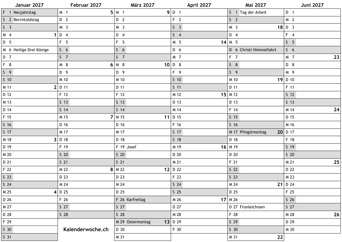 Kalender 2027 mit Kalenderwochen und Feiertagen in Schweiz … online wochenkalender mit kw ...