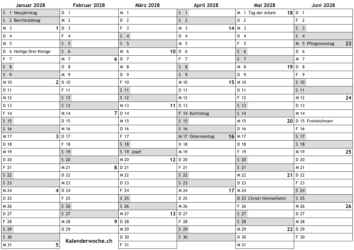Kalender 2028 mit Kalenderwochen und Feiertagen in Schweiz … online ...