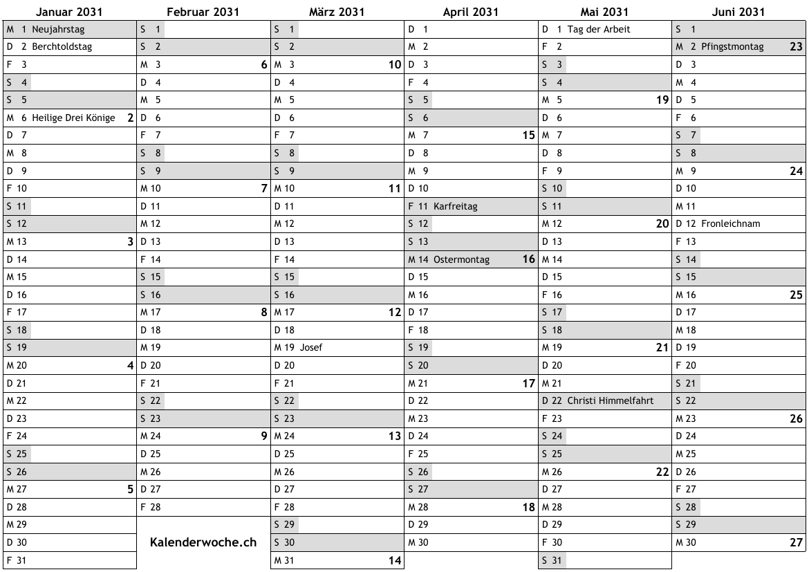 Kalender 2031 mit Kalenderwochen und Feiertagen in Schweiz … online ...
